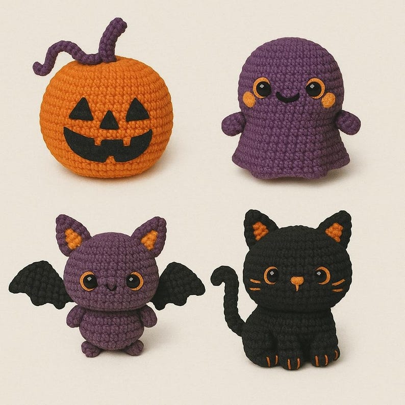 Halloween Amigurumi Crochet Pattern Bundle – Black Cat, Bat, Pumpkin ...