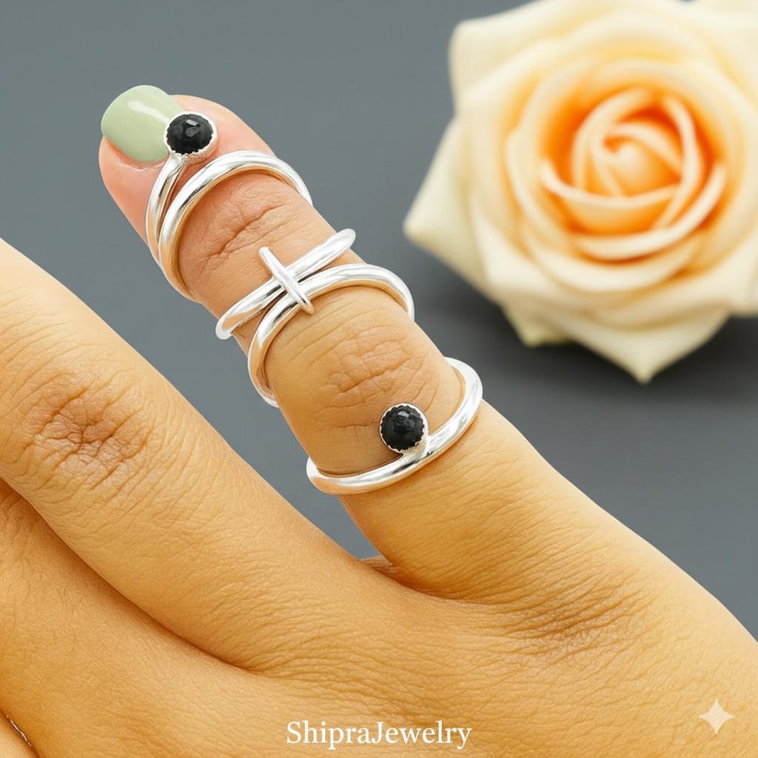 Black Onyx Gemstone Swan Neck Splint Ring: Artisan German Silver ...