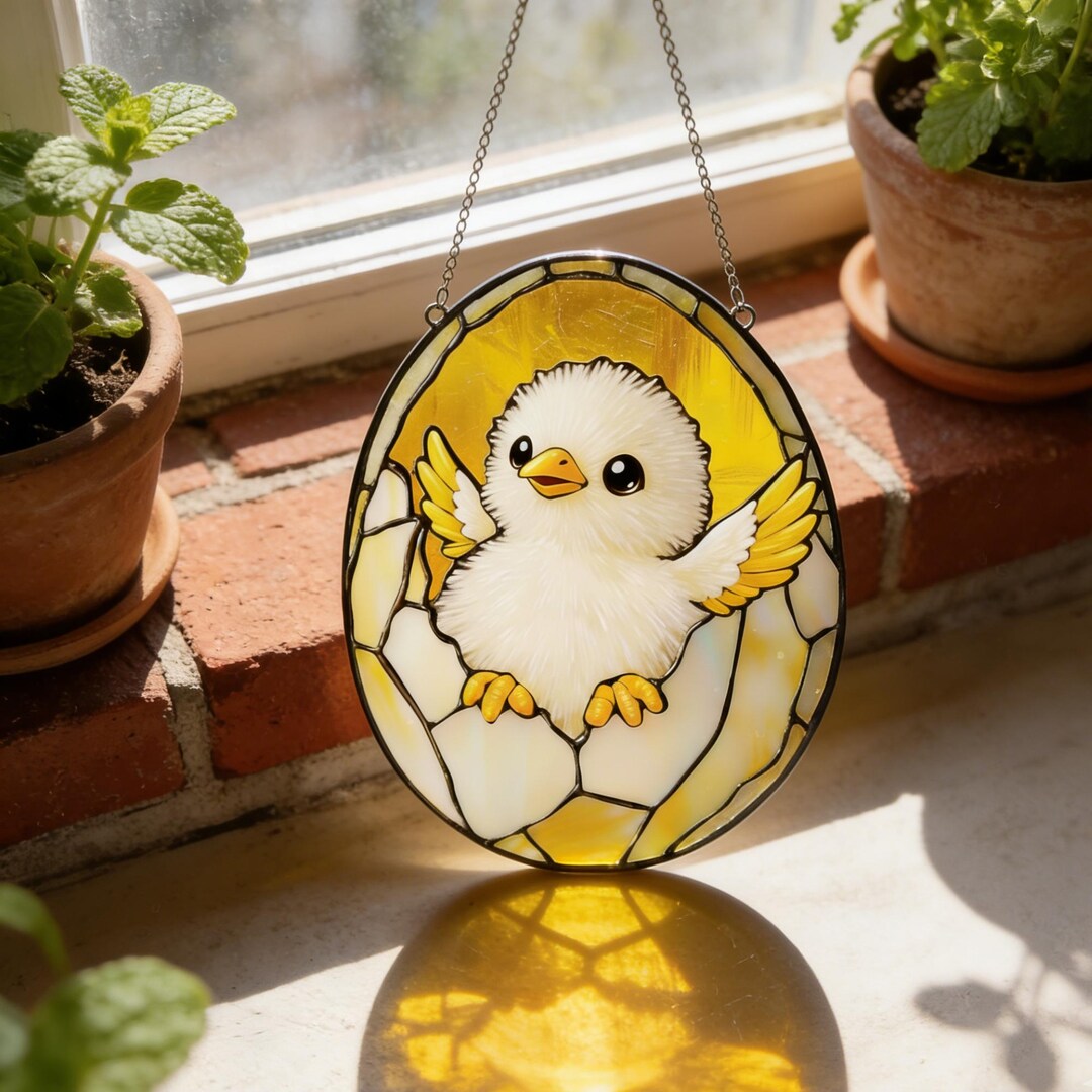Personalized Stained Glass Chick Suncatcher, Baby Chick in Egg Window ...