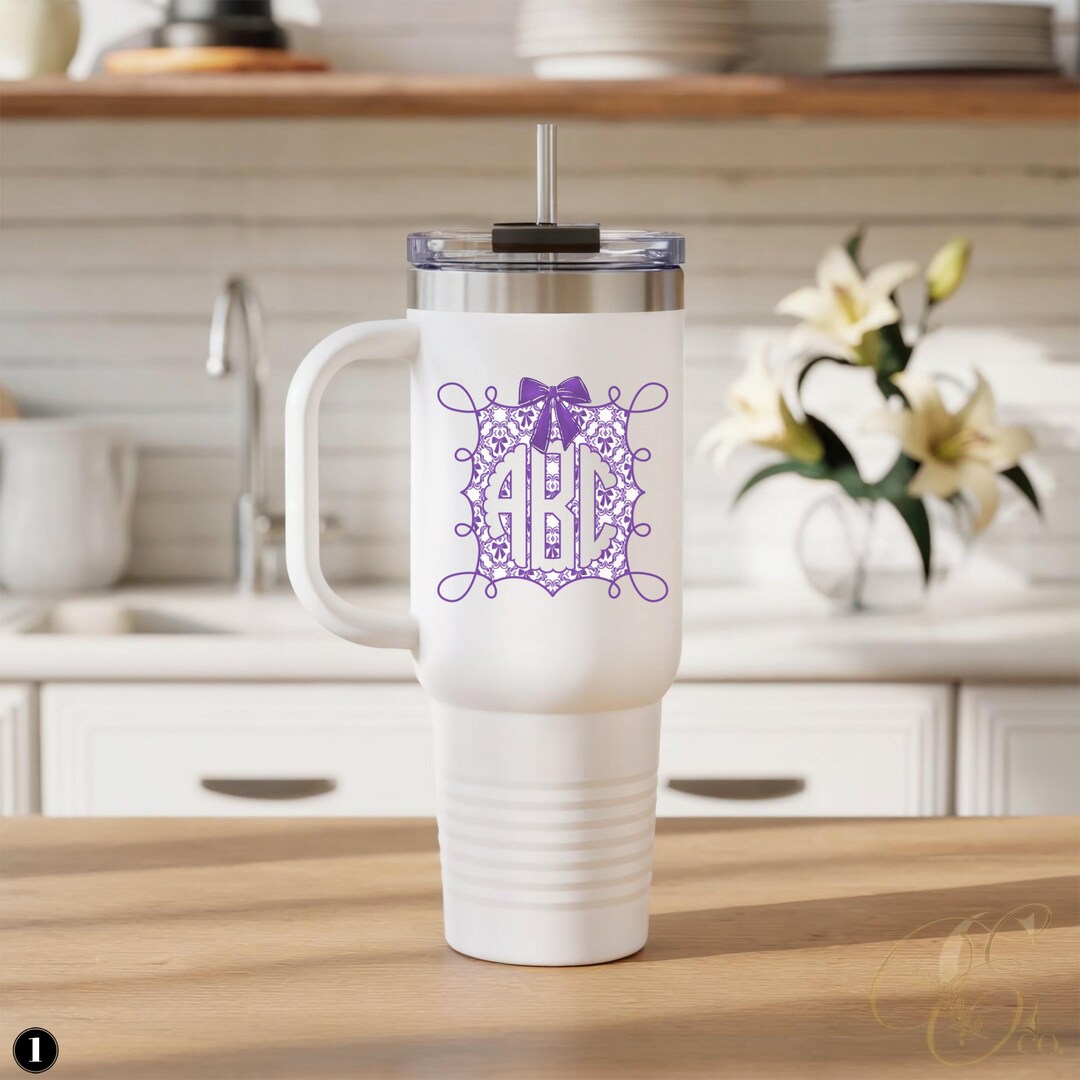 Custom Coquette Ribbon and Curly Frame Monogram 40oz Tumbler - Etsy