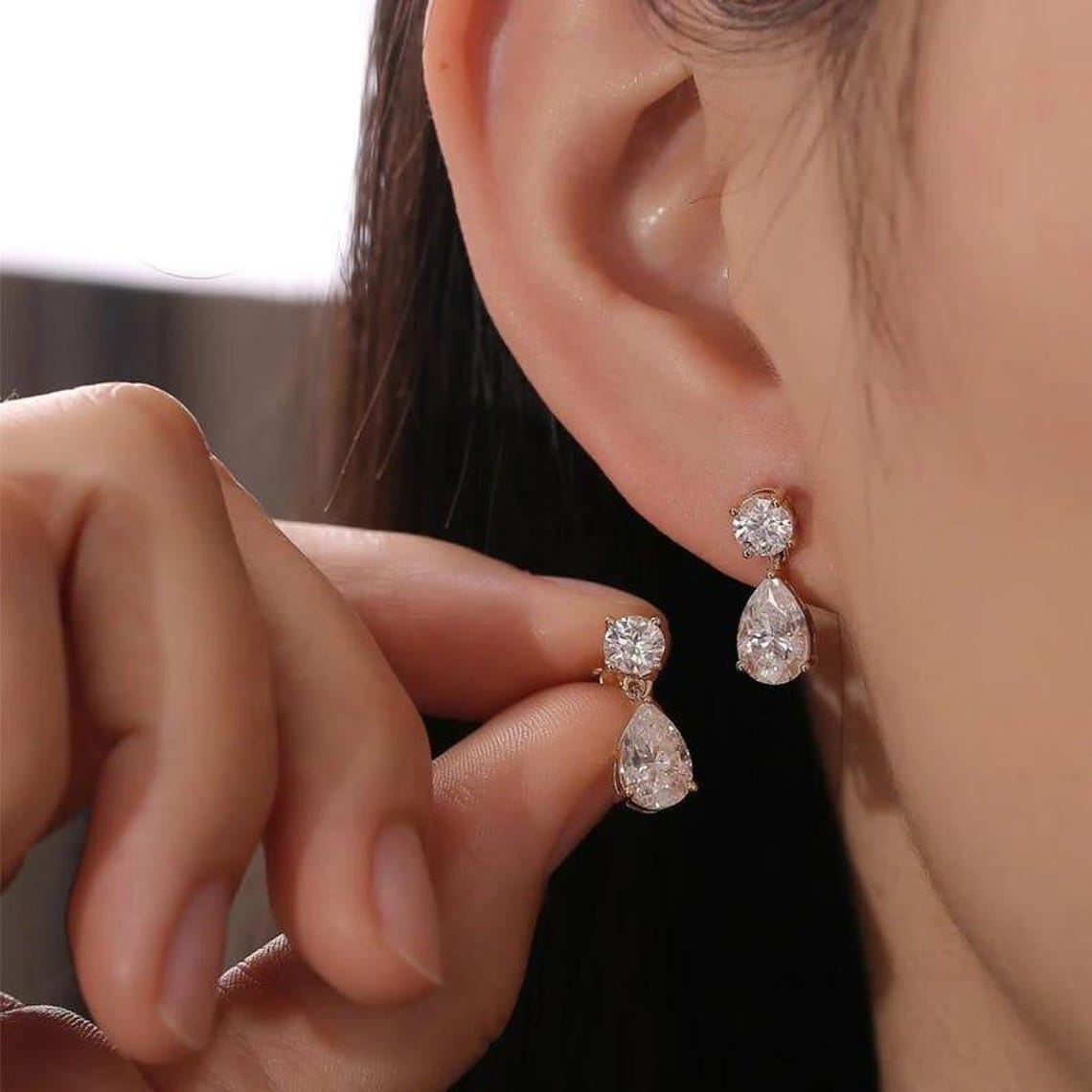 Dangle Pear Diamond Drop Earrings: White Gold Solitaire Studs - Etsy