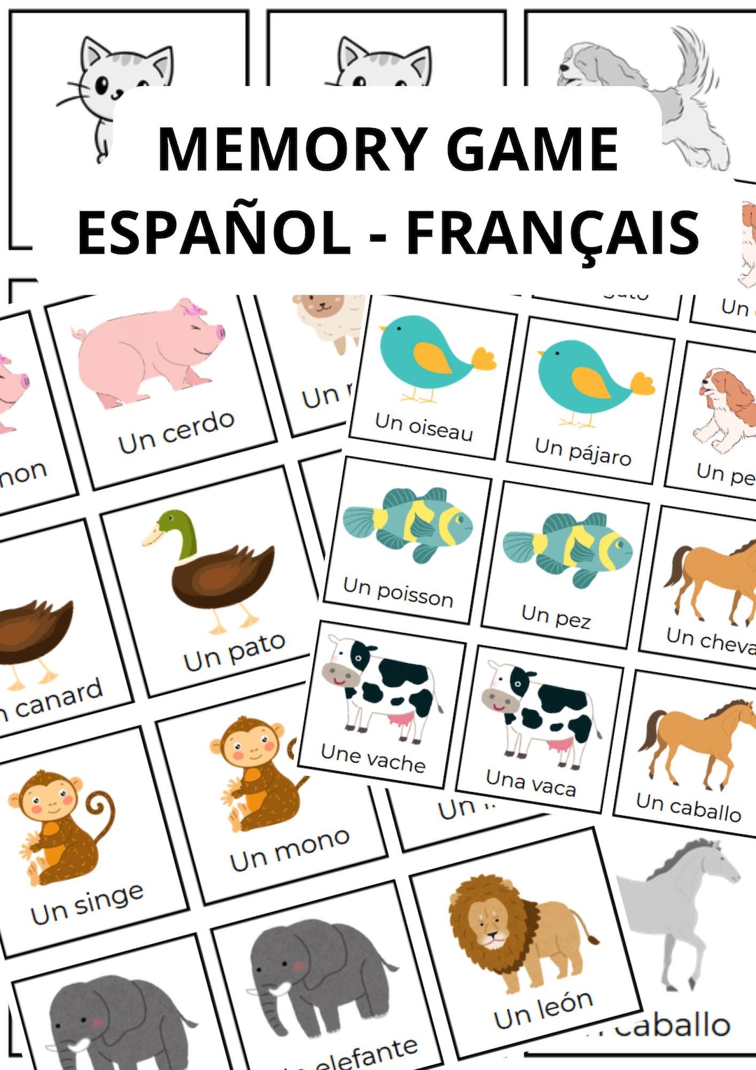 Bilingual Memory Game – Animals – French / Spanish – Printable PDF - Etsy