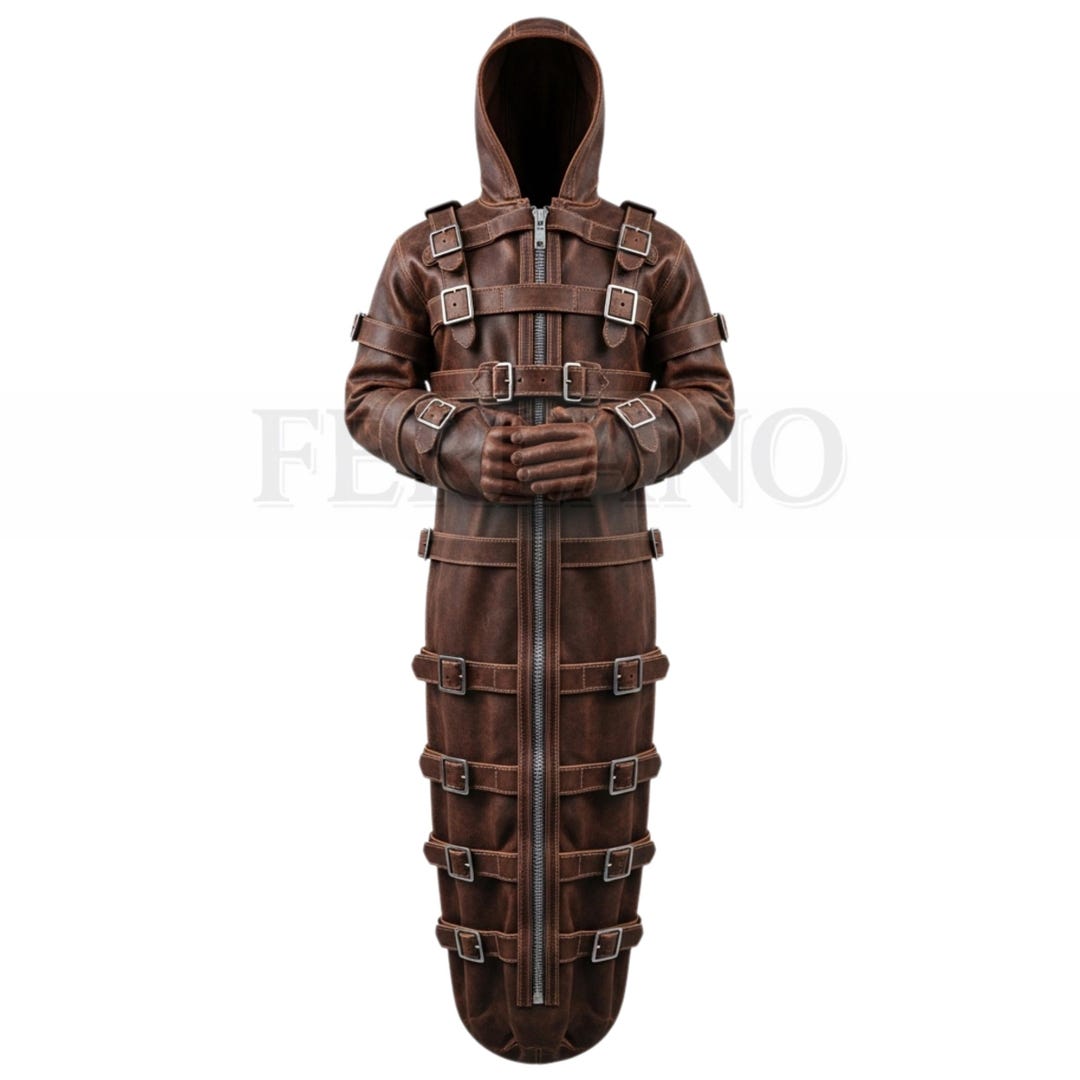 Full-body Brown Leather Restraint Suit With Buckles & Hood – High-gloss ...