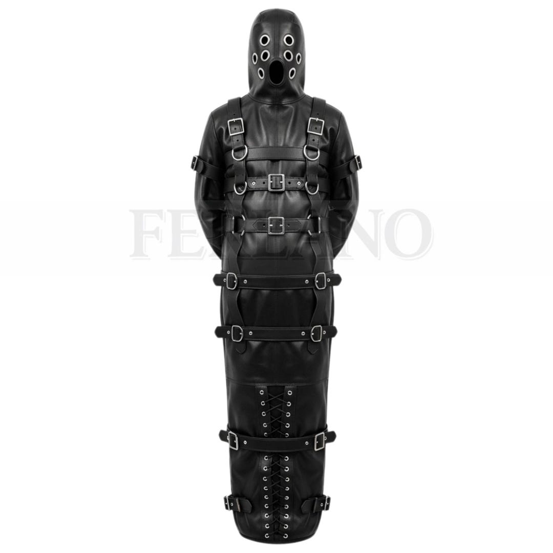 Full-body Black Leather Restraint Suit With Buckles & Hood – High-gloss ...