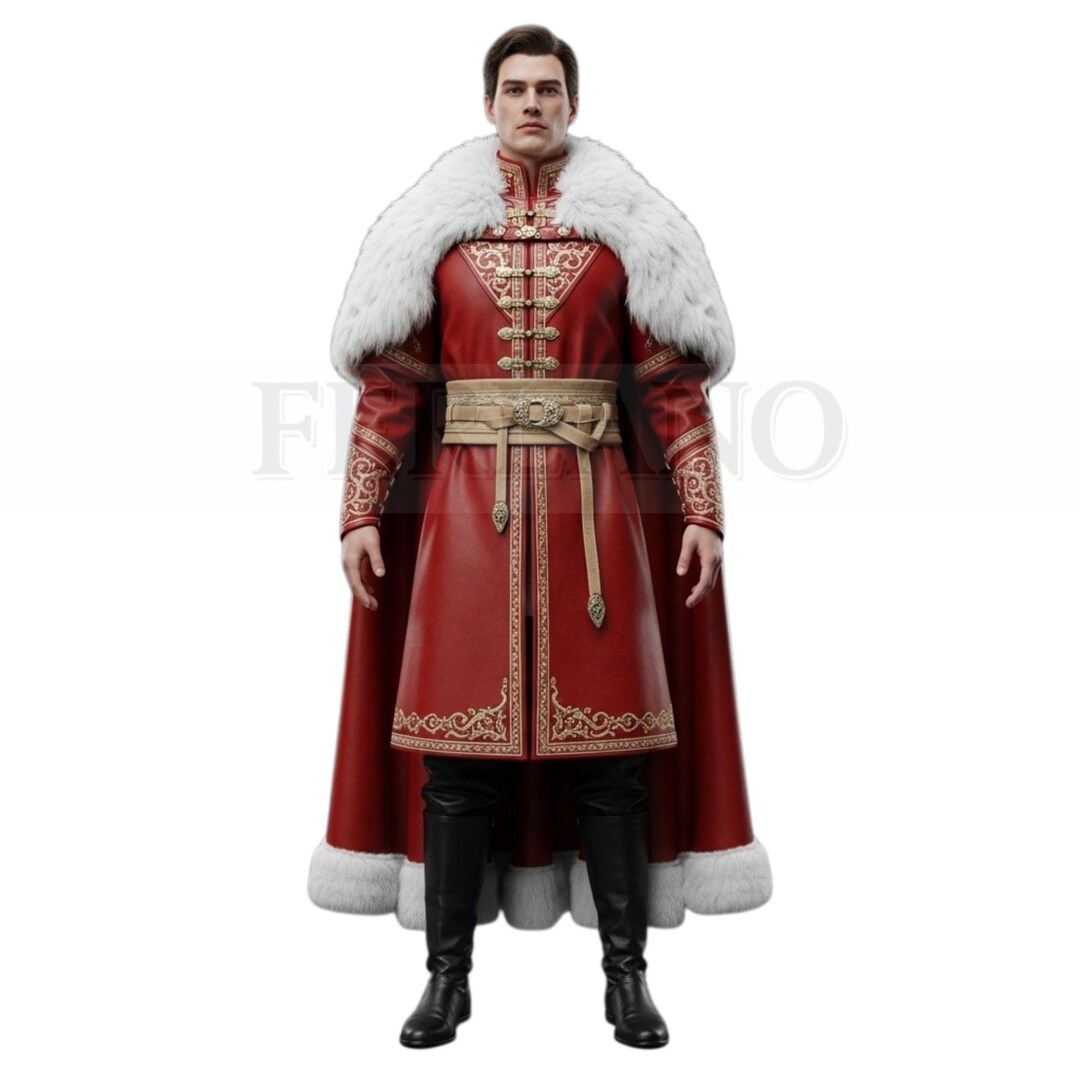 Fantasy King Costume Men Magic-red & Gold Outfit With Faux Fur Cloak ...