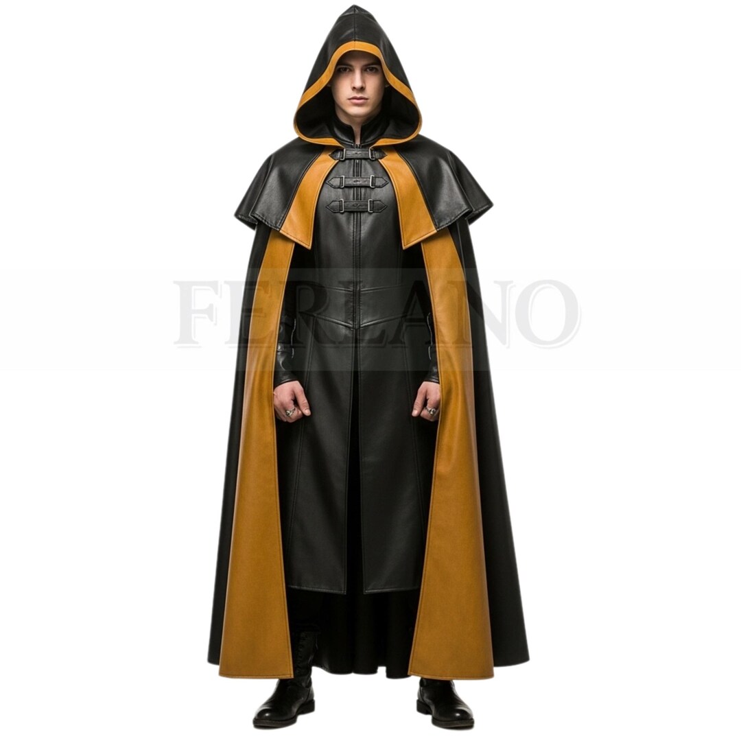Black Leather Cloak: Mustard Medieval Cape, Viking LARP Cosplay, Hooded ...