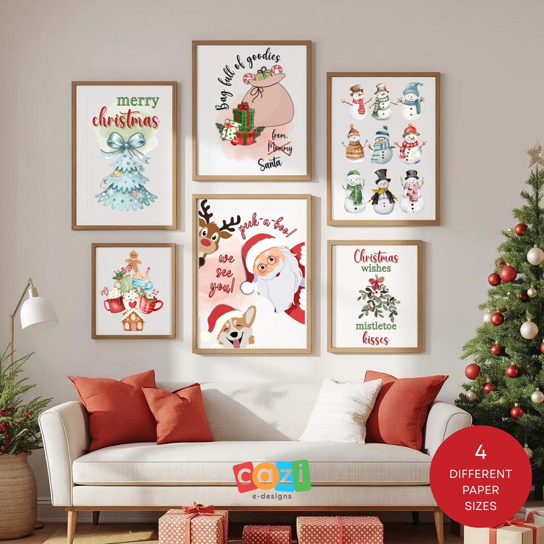 Christmas Wall Art Set | Festive Holiday Decor Prints | Santa, Snowman ...