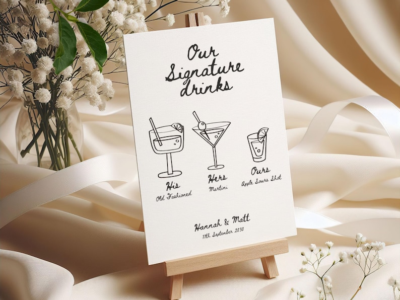 Wedding Drinks Menu Sign Template | Bride & Groom Signature Cocktails ...