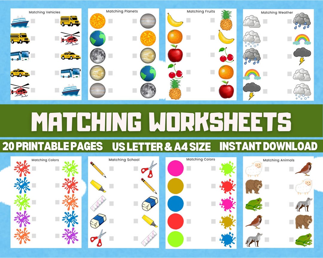 Printable Matching Worksheets, Preschool Learning Activity, Fine Motor ...