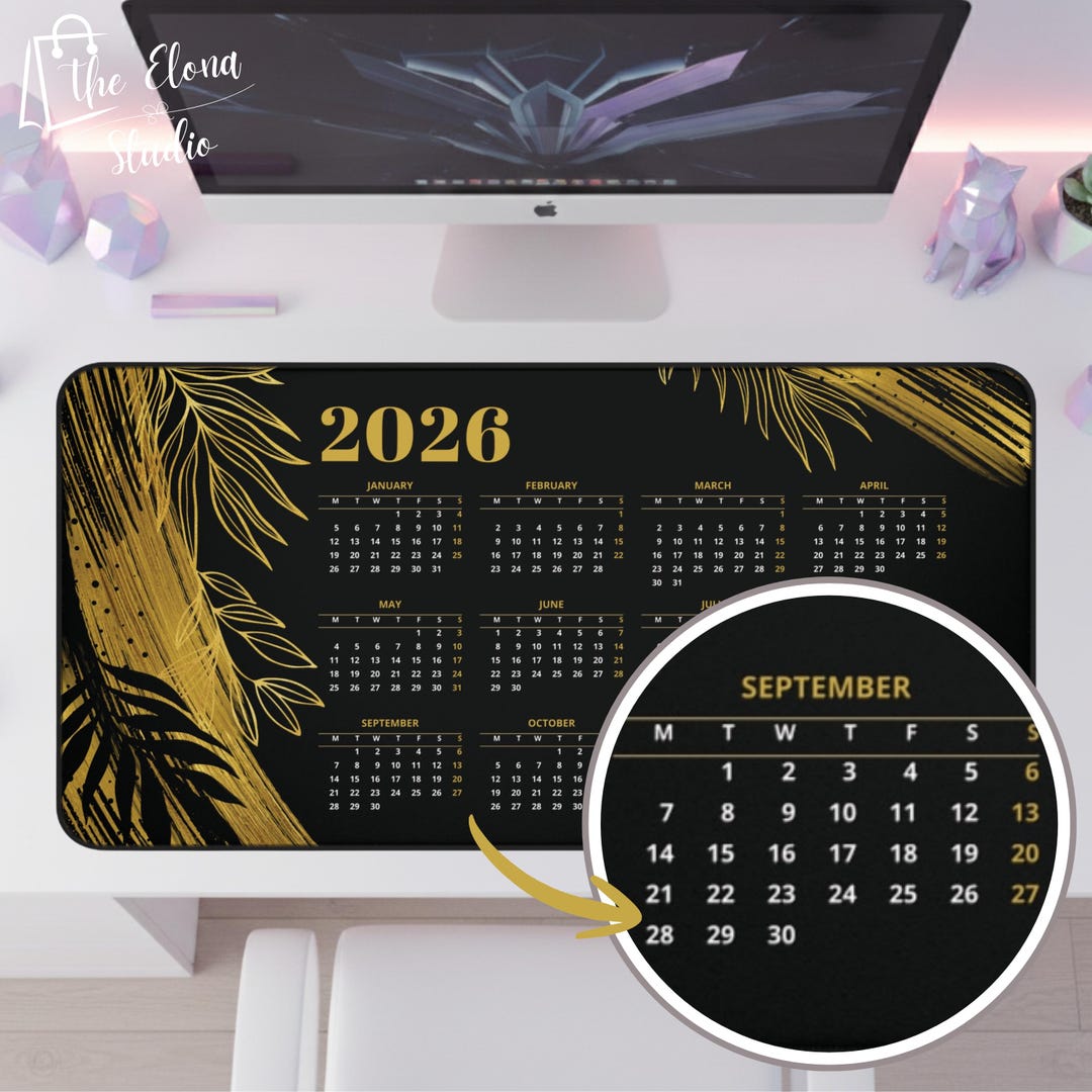 2026 Calendar Desk Mat XL | Gold Foil Mouse Pad | Gold & Black Tropical ...