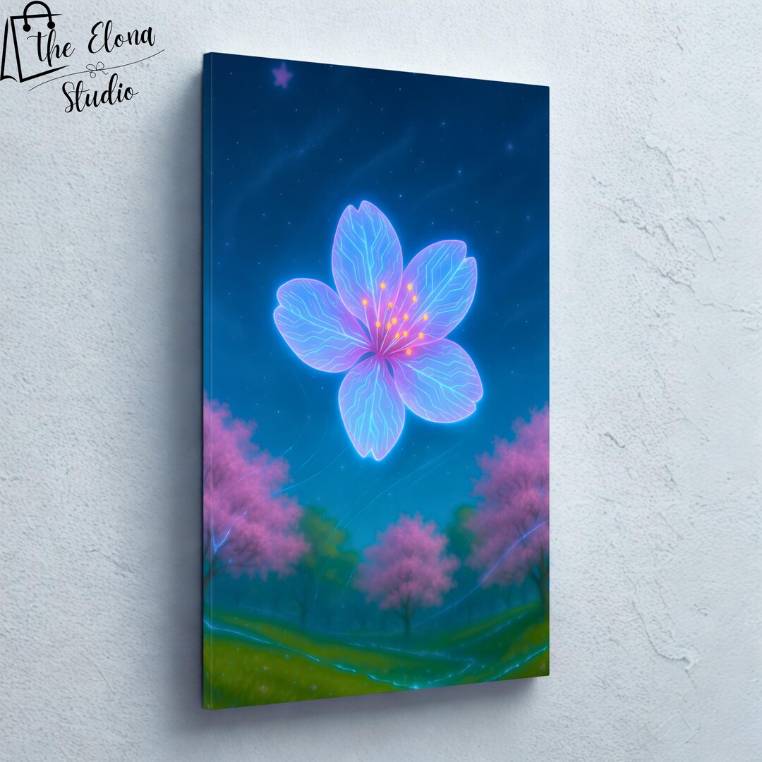 Cosmic Spring Blossom, Futuristic Neon Cherry Flower Canvas Print ...