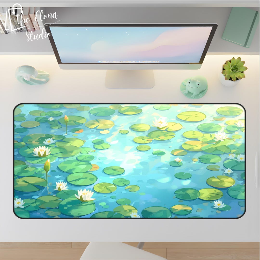 Lily Pond Desk Mat XL - Aesthetic Water Lilies Pad - XL Extended Gaming ...