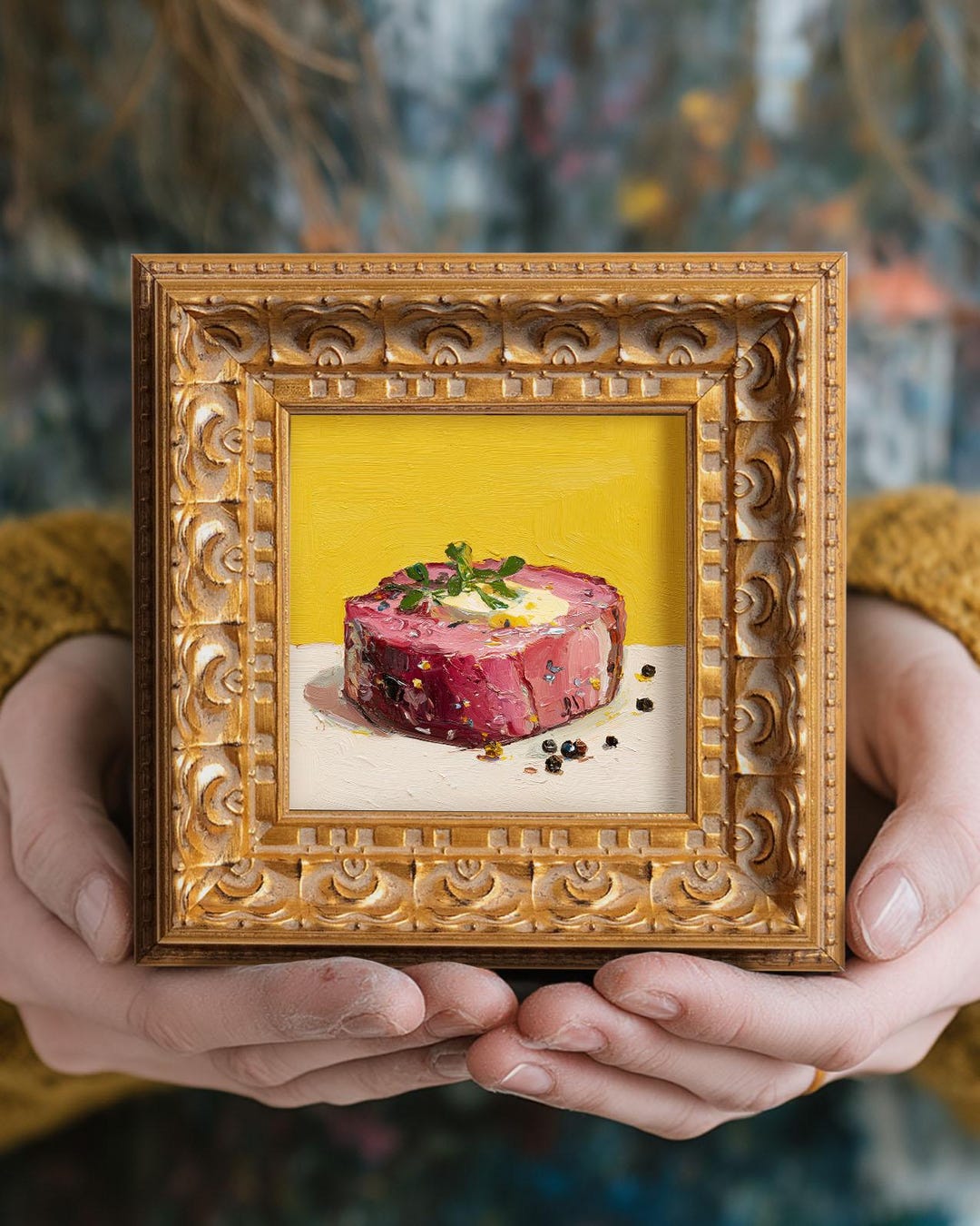 Still Life Butter Steak Oil Painting, Original Hand Painted Beef, Small ...