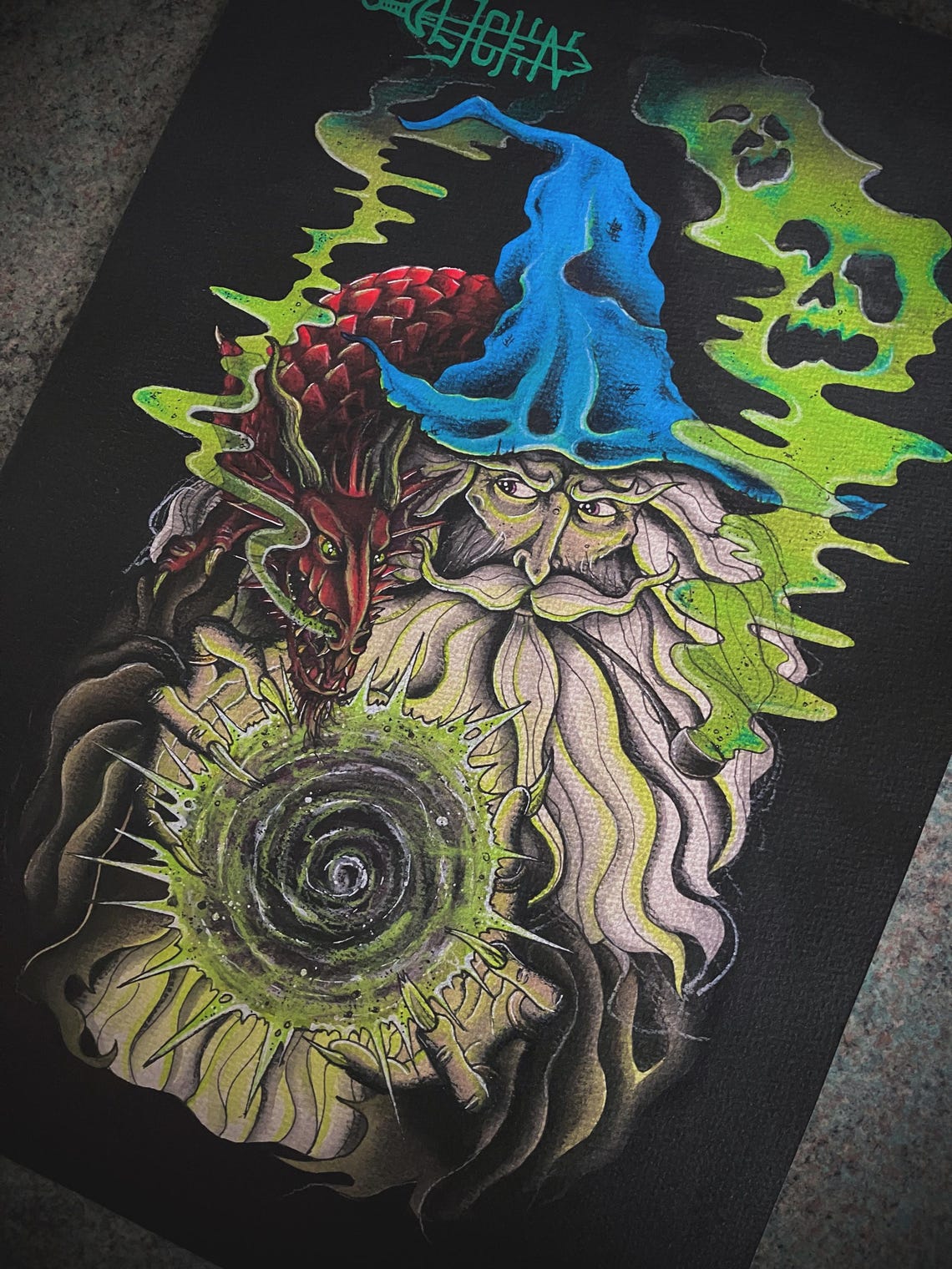 Dark Fantasy Wizard and Dragon A4 Print - Original Hand Painted Artwork ...