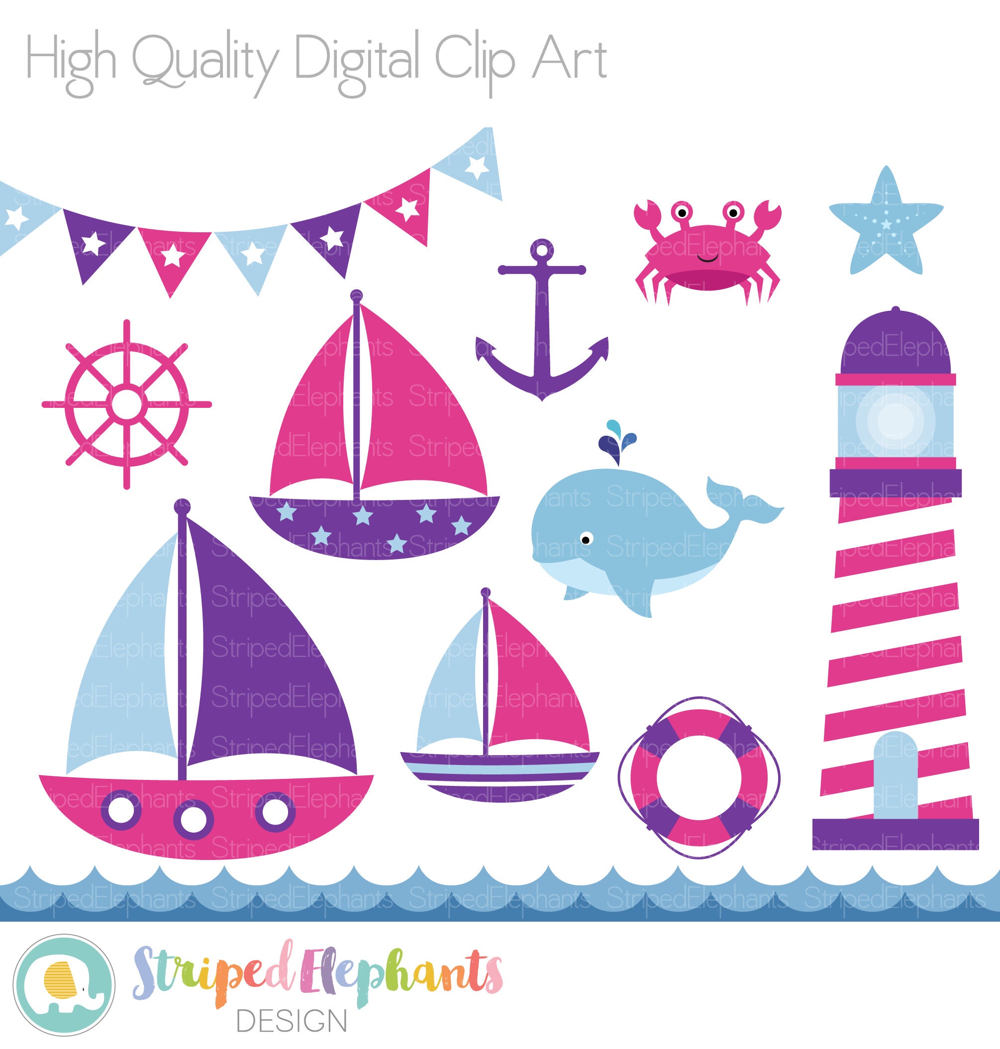 Nautical Clip Art Sail Boat Clipart Pink and Purple | Etsy