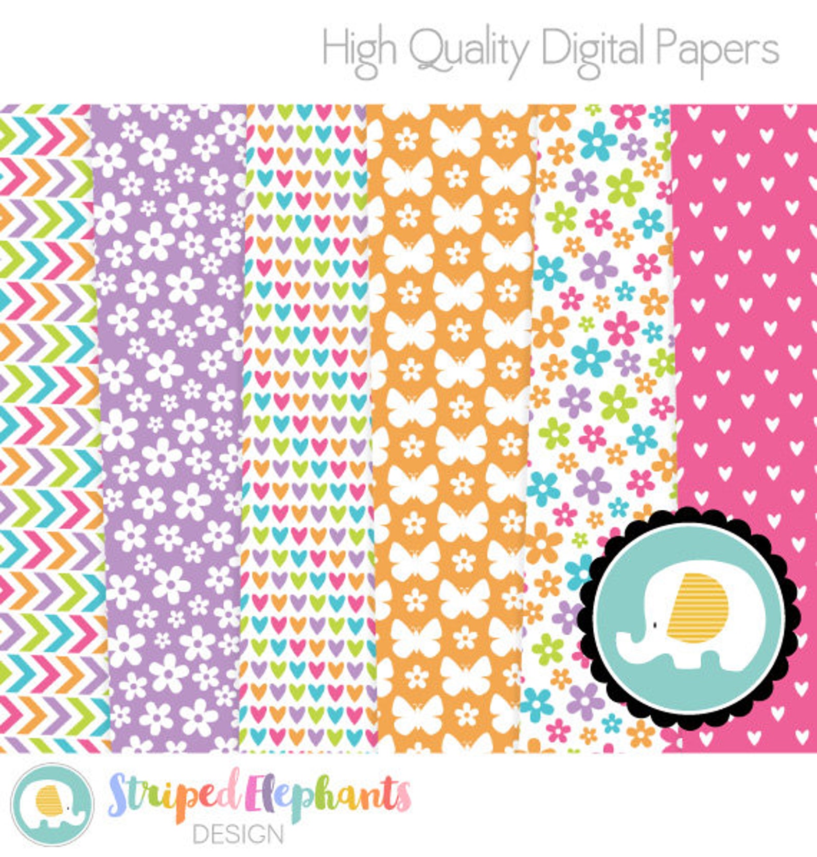 Hearts, Flowers and Butterflies Digital Papers, Digital Scrapbook Paper ...