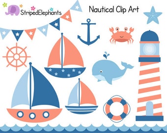Nautical Clip Art Sail Boat Clipart Red and Navy Digital