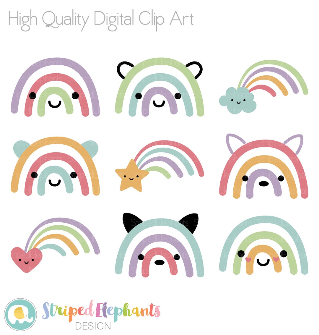 Kawaii Rainbow Clipart, Happy Rainbow Clipart, Boho Modern Rainbow ...