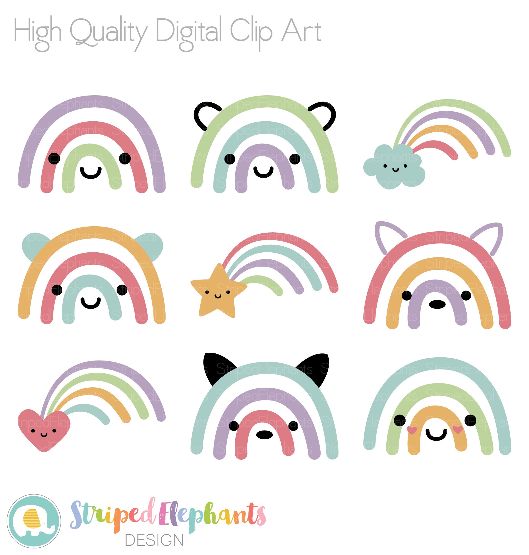 Kawaii Rainbow Clipart, Happy Rainbow Clipart, Boho Modern Rainbow ...