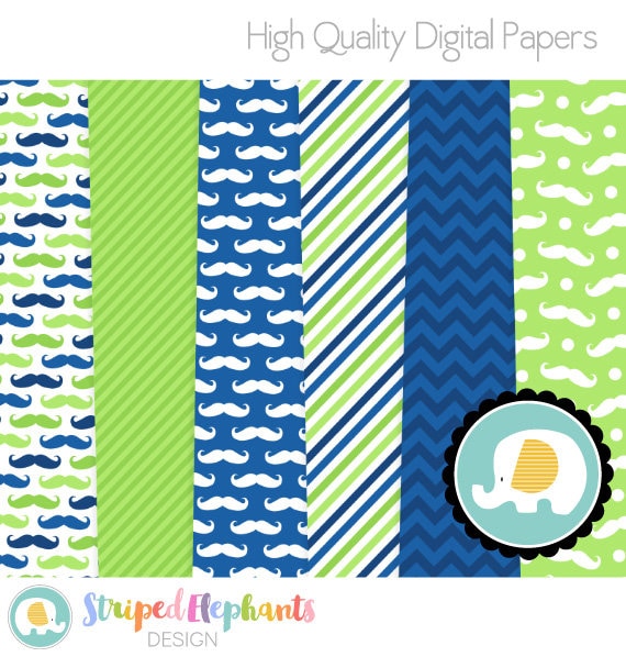 Mustache Digital Papers Navy and Green Baby Boy Digital - Etsy