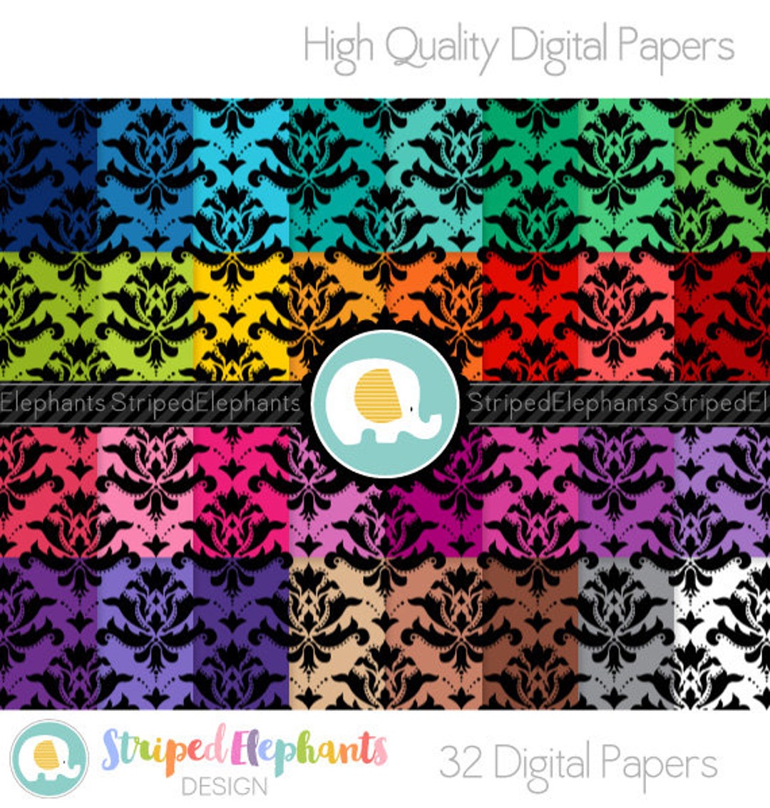 Damask Digital Paper Pack Black, Damask Digital Scrapbook Paper, Damask ...