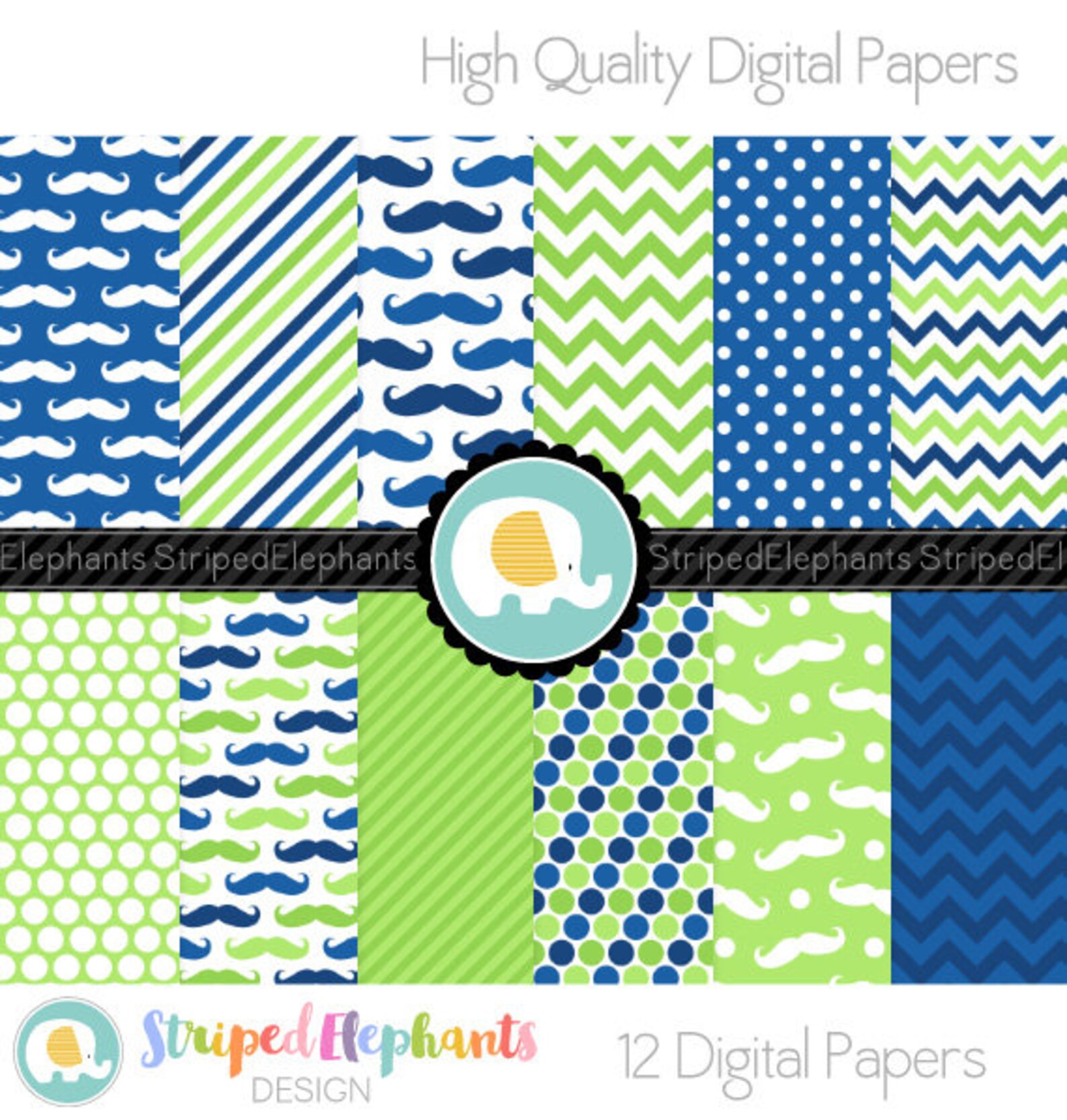 Mustache Digital Papers Navy and Green Baby Boy Digital - Etsy