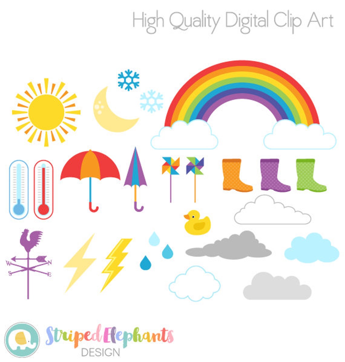 Weather Clipart Rainbow Clip Art Sun Clipart Rain | Etsy