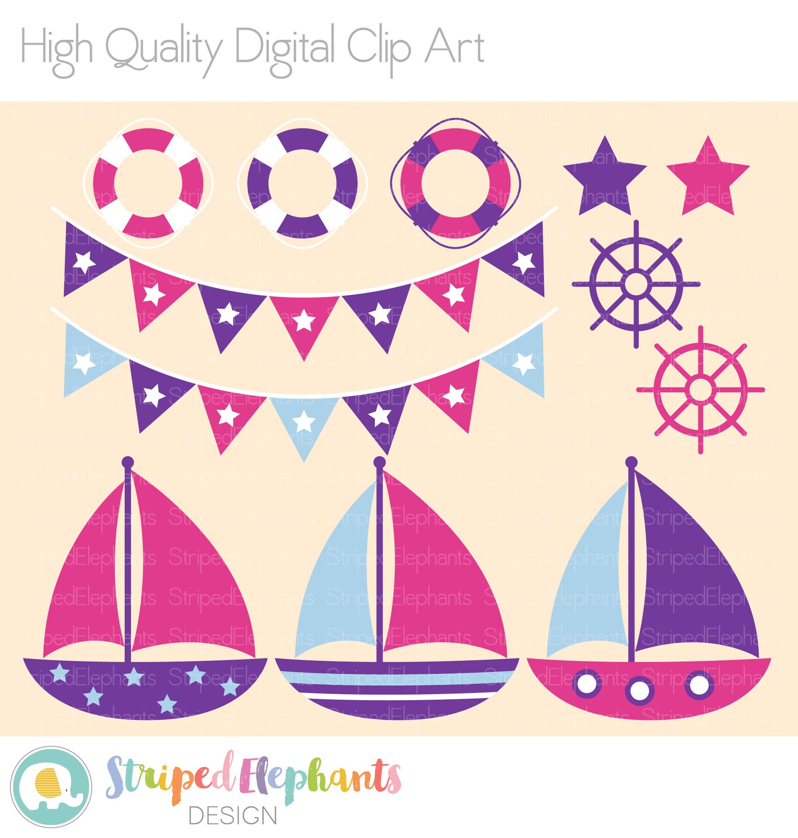 Nautical Clip Art Sail Boat Clipart Pink and Purple Instant Download - Etsy