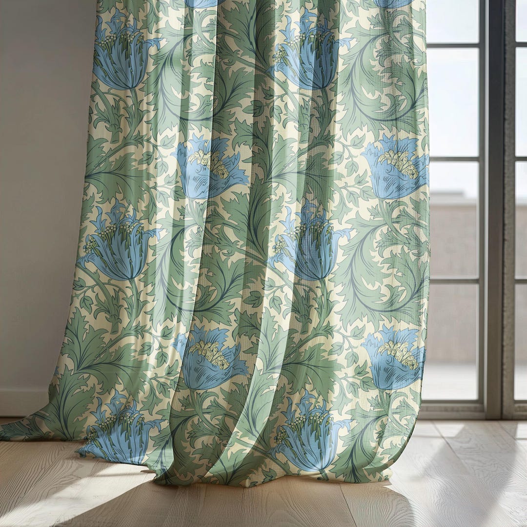 Blue and Green Art Nouveau Floral Linen Curtains, Vintage Botanical ...