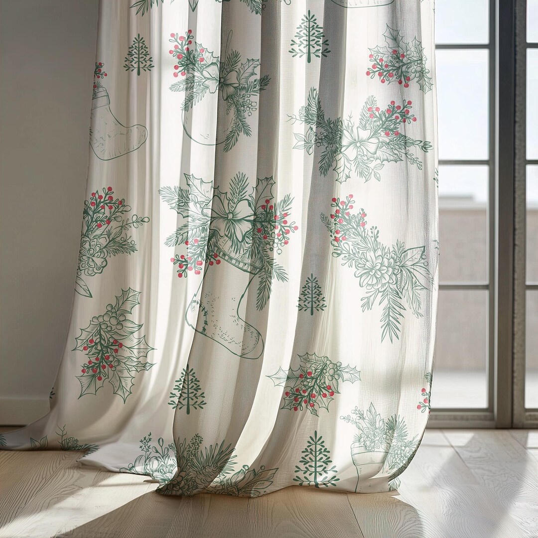 Beige Christmas Stocking Linen Curtains, Green Botanical Holiday Drapes ...