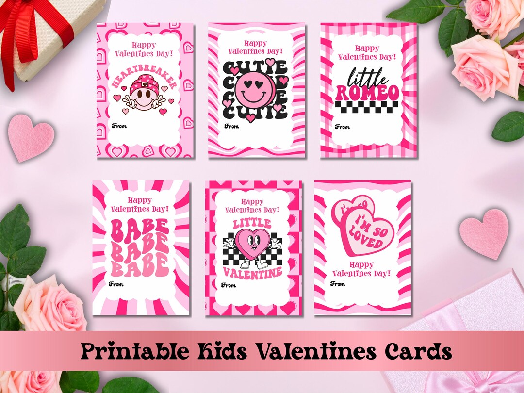 Retro Printable Kids Valentine Cards, Classroom Valentines Day Cards ...