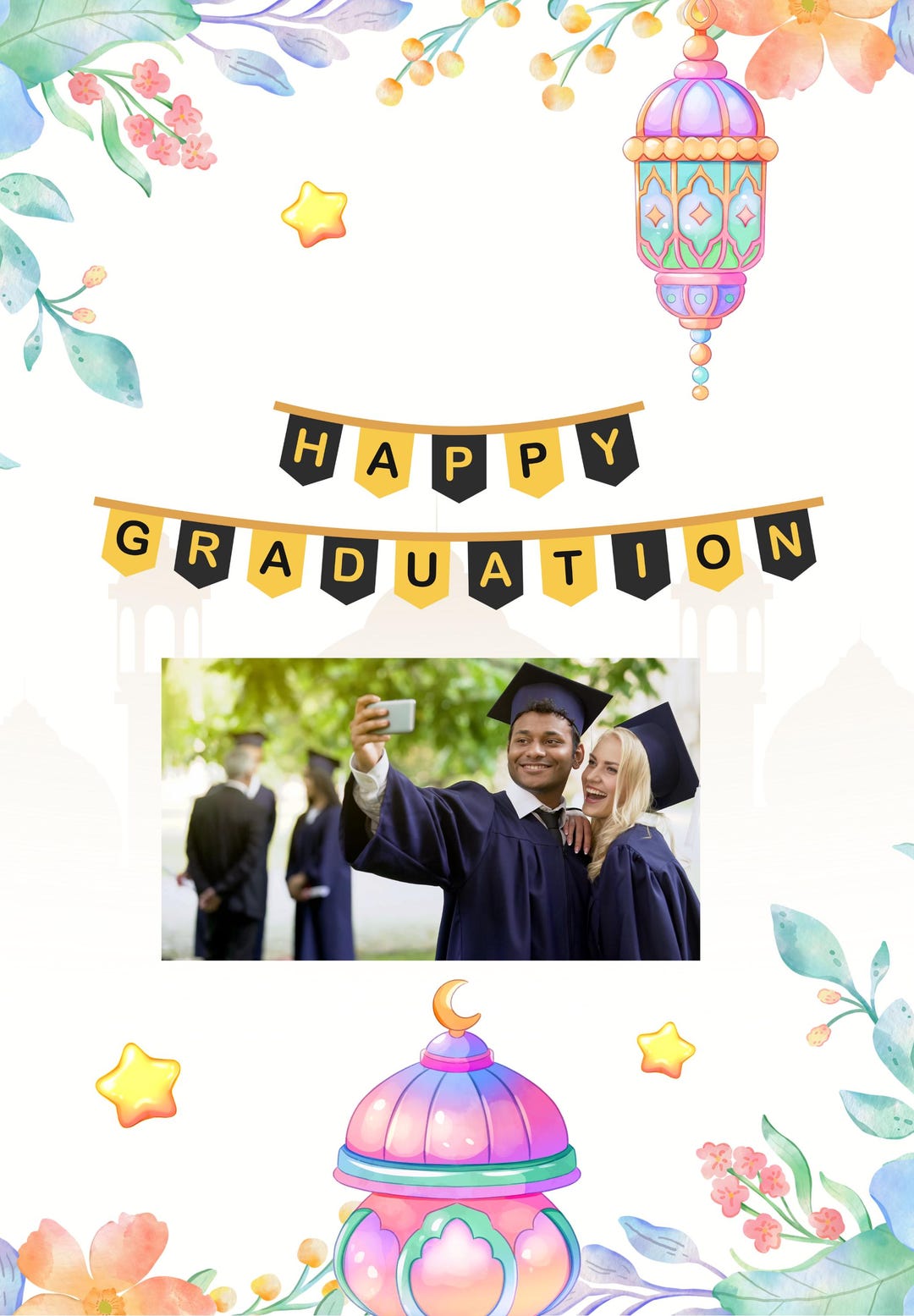 Printable Happy Graduation Card: Caps, Gowns, Flowers, Selfie (PNG File ...