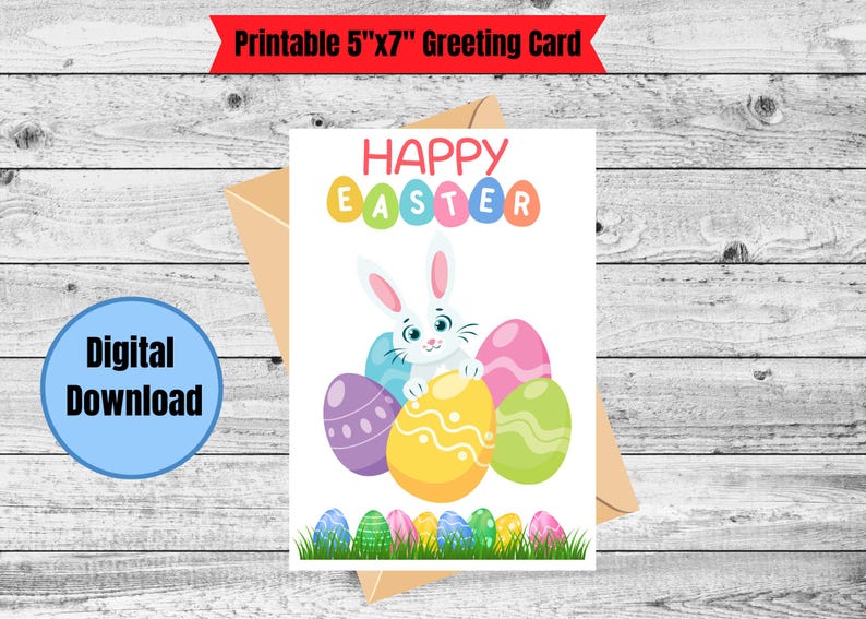 Printable Happy Easter Card: Eggs, Bunny, Colorful (PNG File) - Etsy