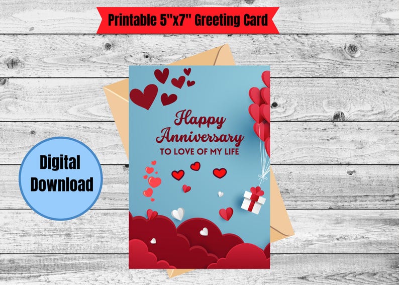 Printable Happy Anniversary Card: Red Hearts & Balloons (PNG File, 5x7 ...