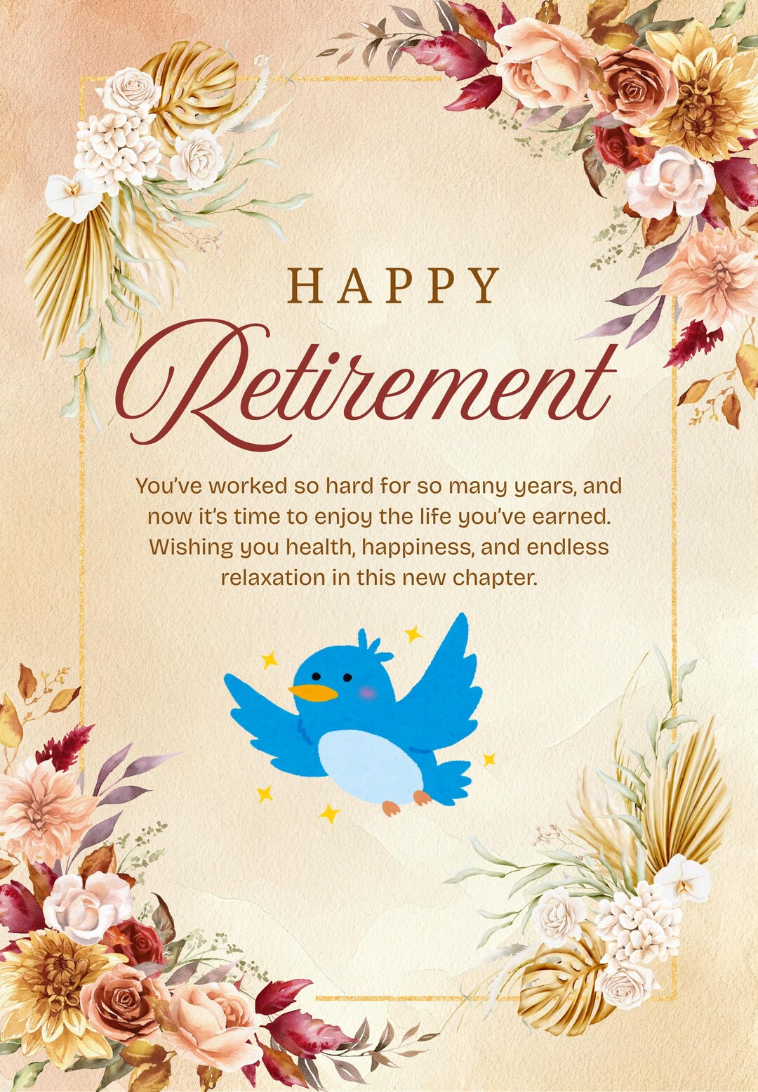 Printable Happy Retirement Card: Bluebird, Flowers, Retirement (PNG ...