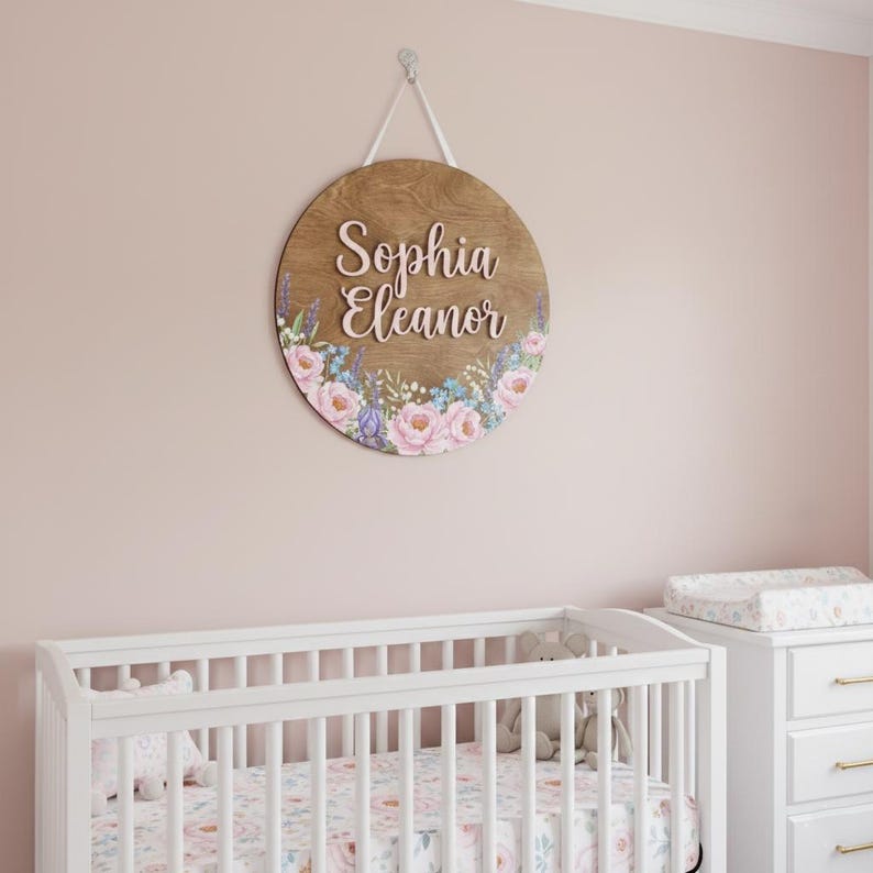 Personalized Wildflower Name Sign, Round Nursery Decor, Wooden Name ...