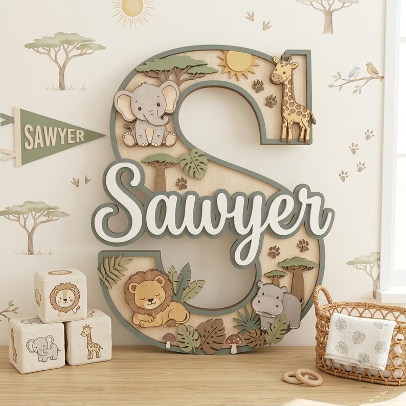 Safari Nursery Name Sign, 3D Jungle Animal Letter, Custom Wood Monogram ...