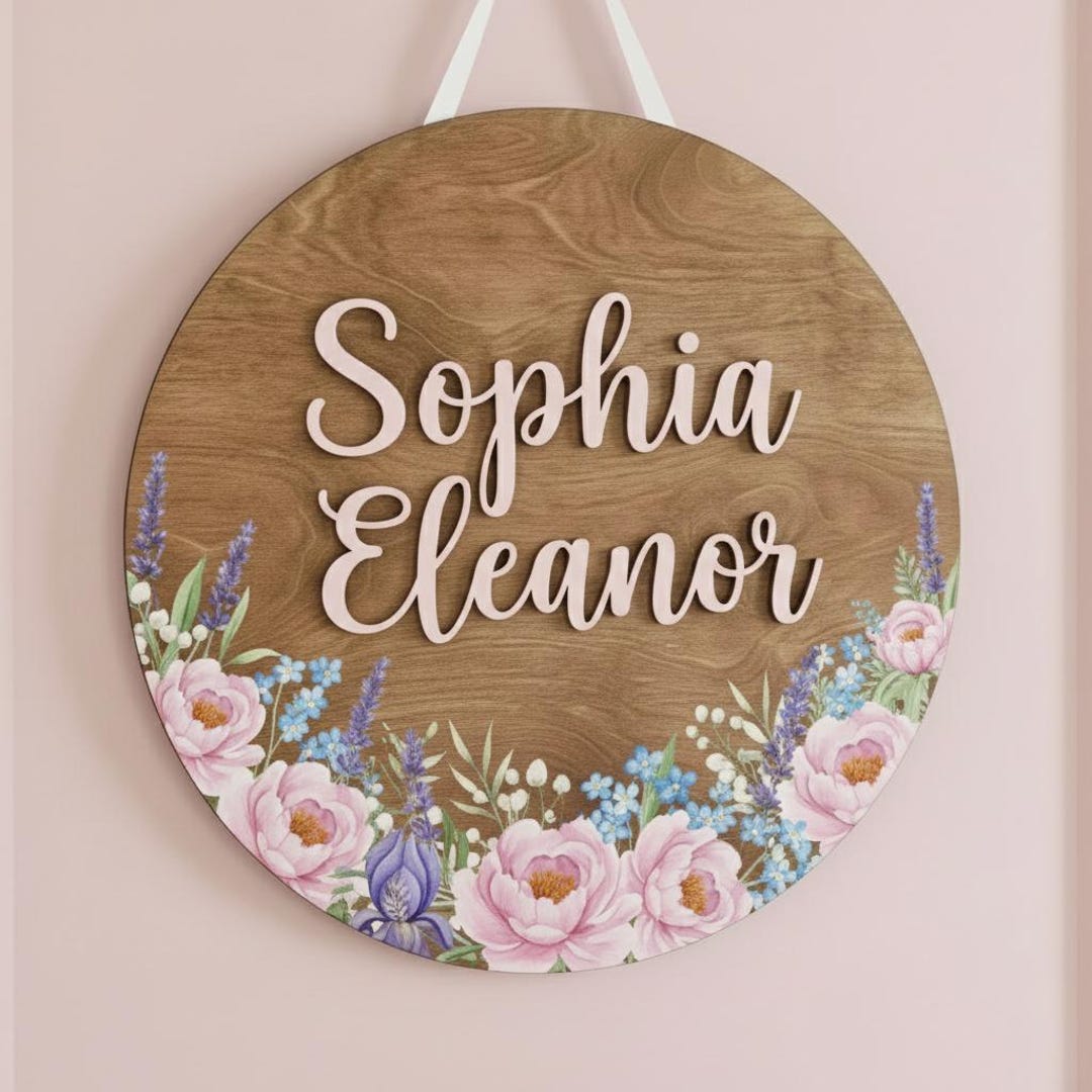 Personalized Wildflower Name Sign, Round Nursery Decor, Wooden Name ...