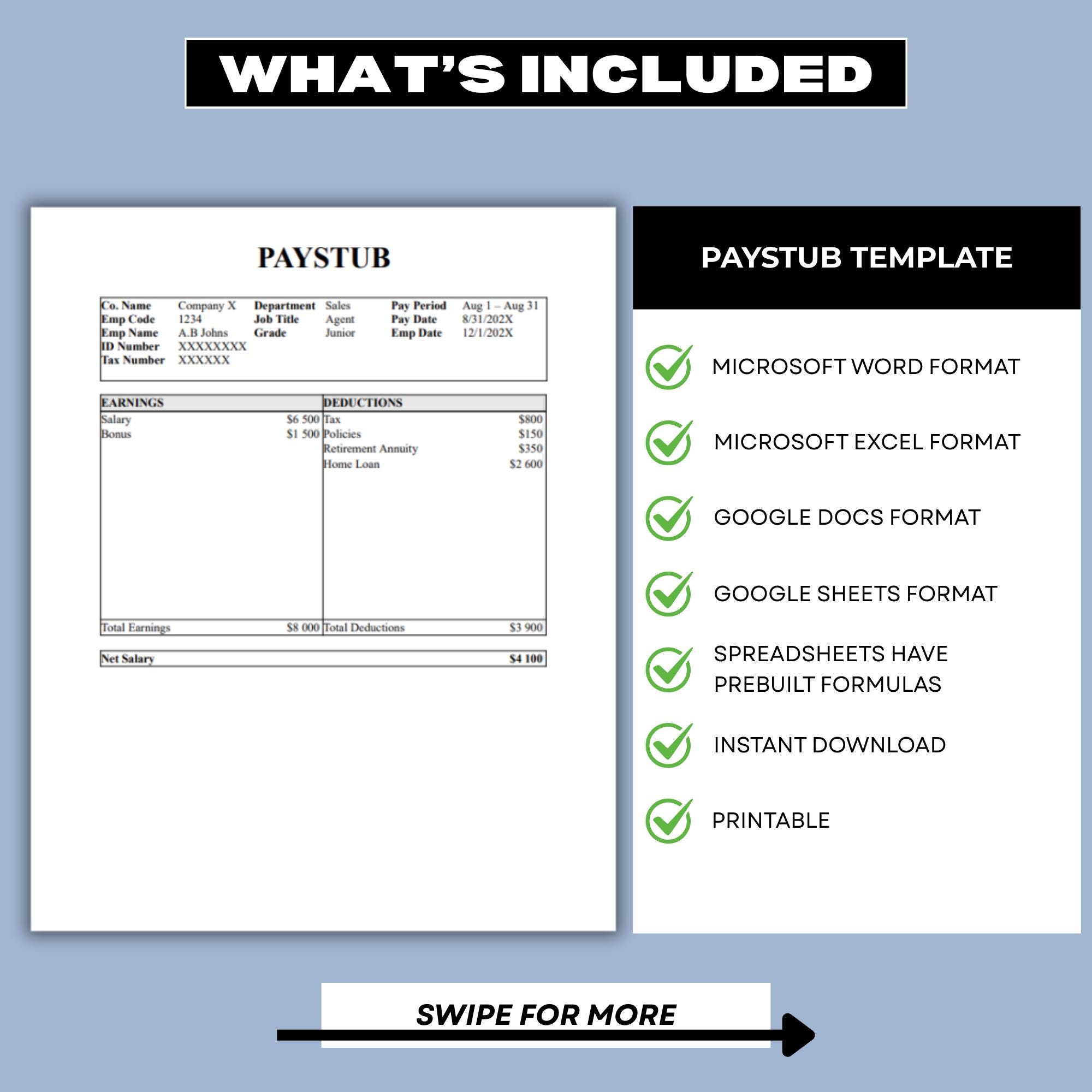 Paystub Template, Editable Employee Paycheck Stub, Simple Salary Slip ...
