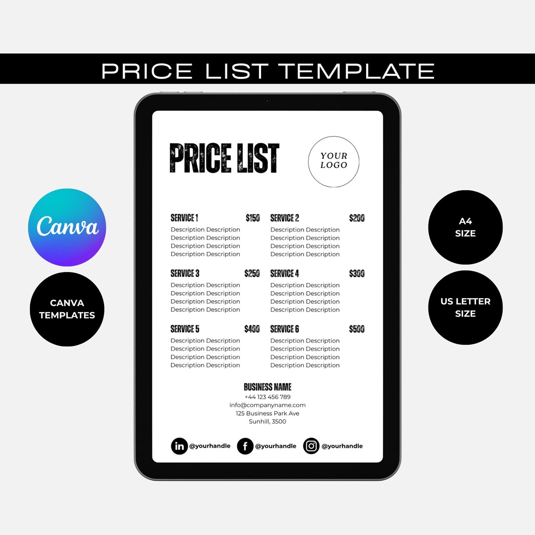 Professional Price List Template, Pricing Menu for Small Business ...
