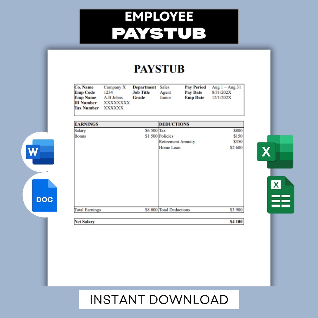 Paystub Template, Editable Employee Paycheck Stub, Simple Salary Slip ...