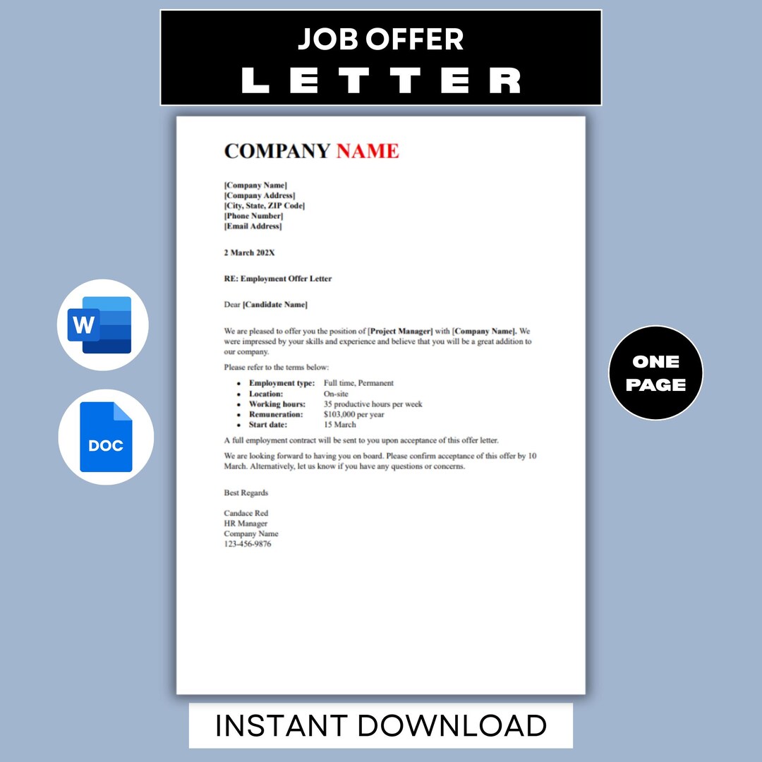 Employment Offer Letter, Editable HR Template, Job Offer Form, Word ...
