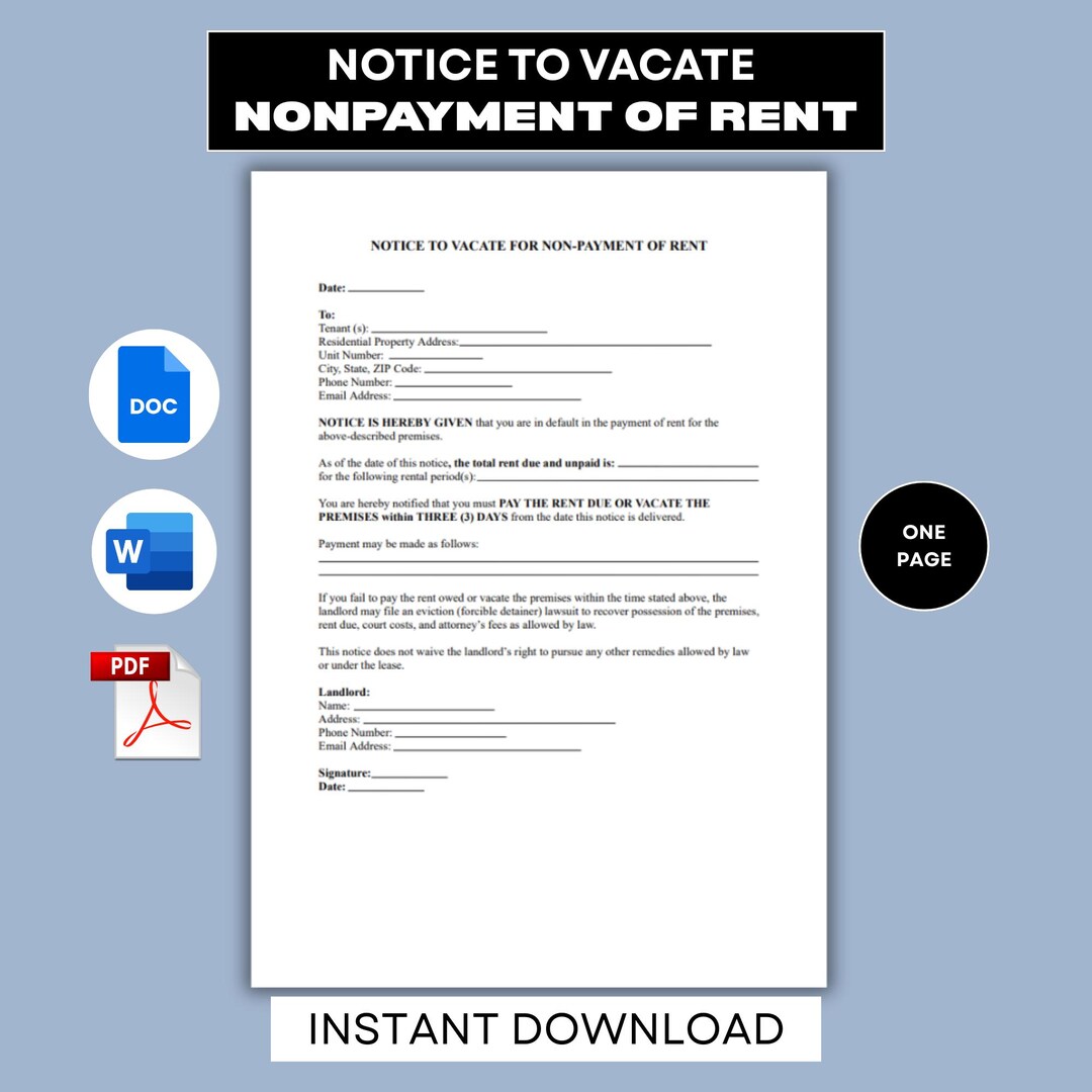 Notice to Vacate for Non-payment of Rent, Eviction Notice, Notice to ...