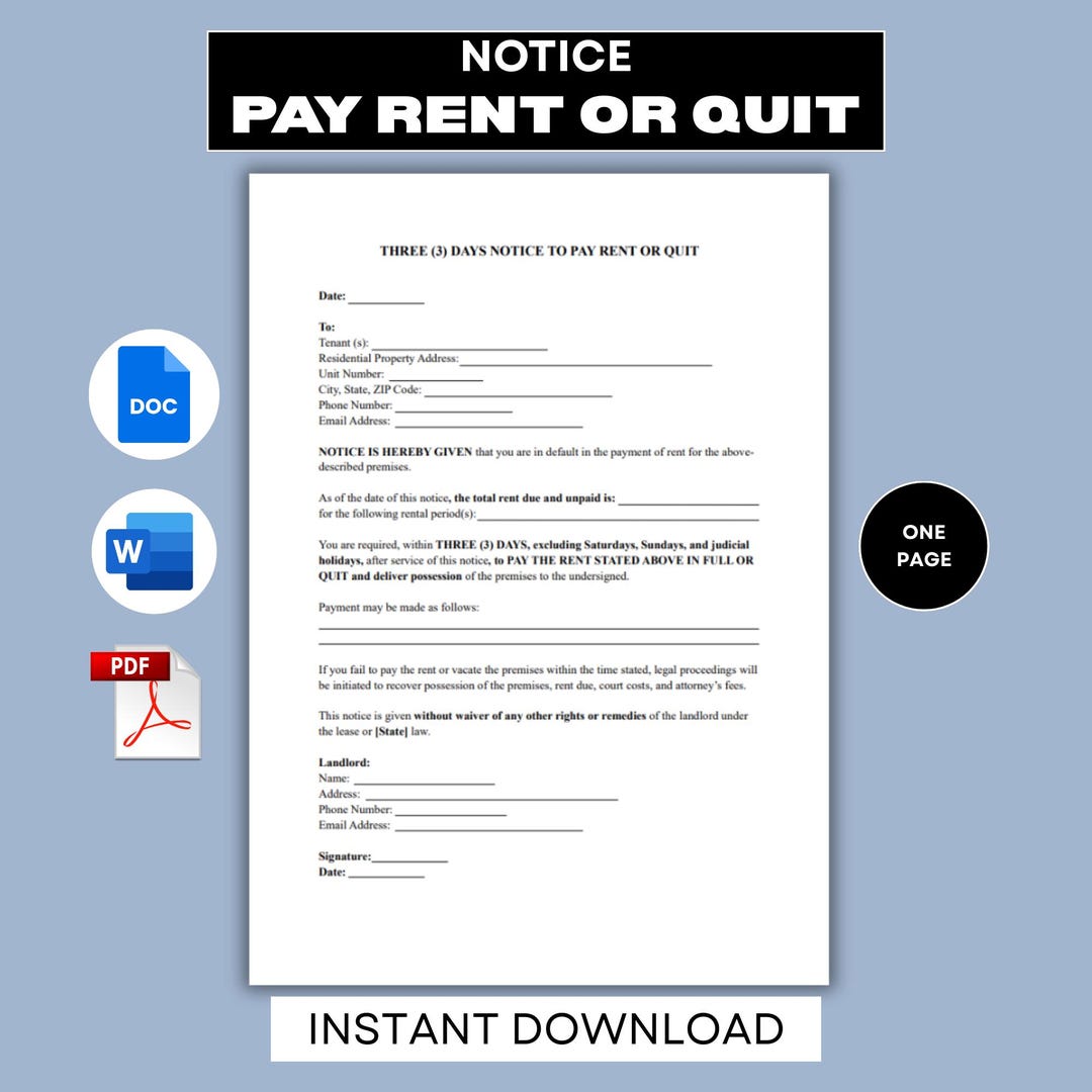 Notice to Pay Rent or Quit, Notice to Vacate, Word and Google Docs ...