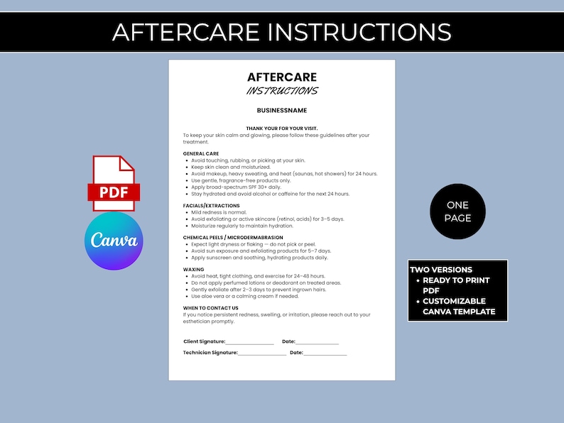 Esthetician Aftercare Instructions, Editable Client Aftercare ...