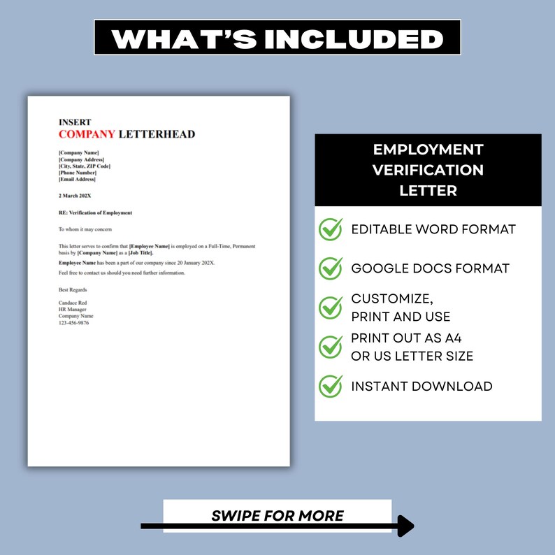 Editable Employment Verification Letter, Word & Google Docs Human Resources Form, Job ...