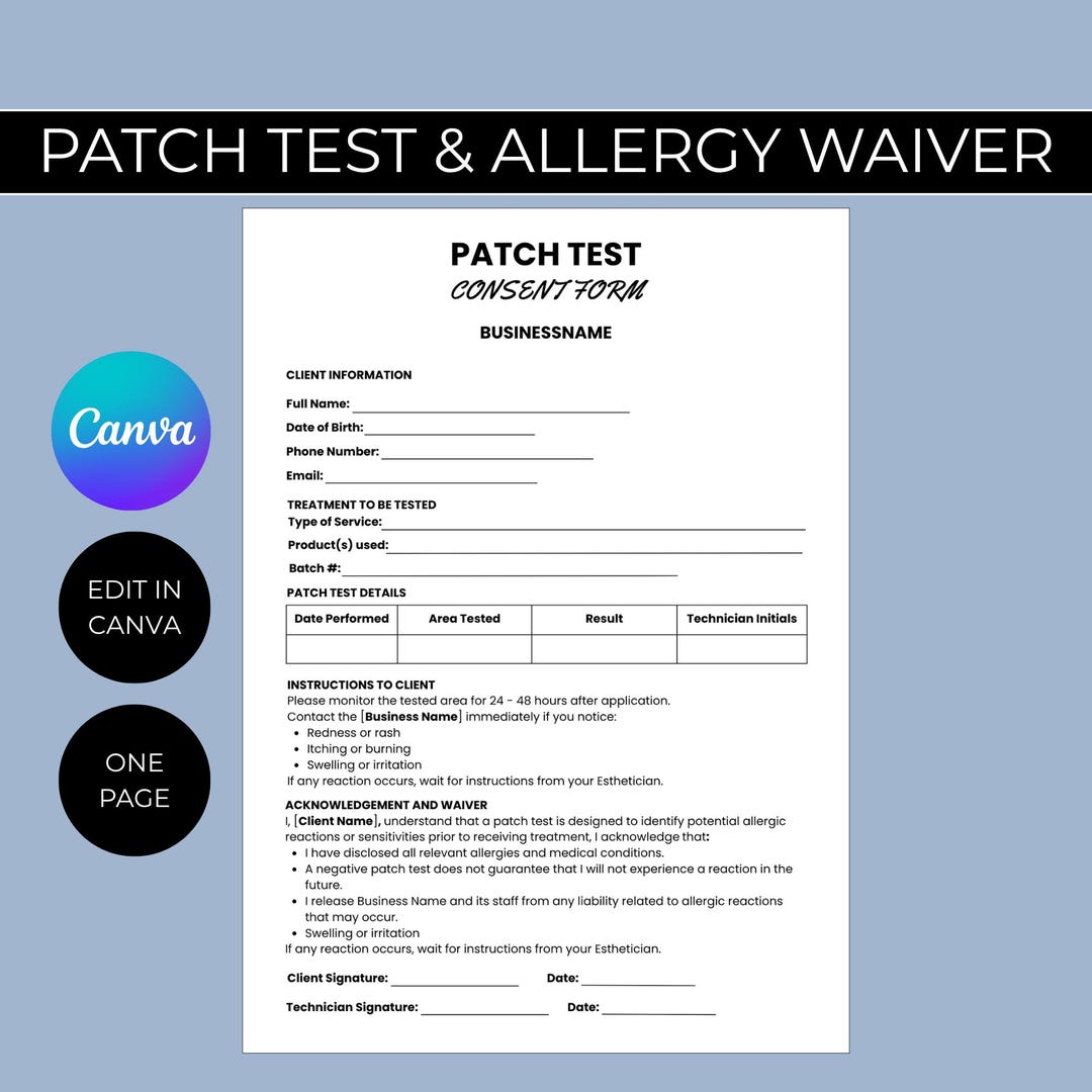 Patch Test Consent Form, Canva Allergy Waiver Template, Editable ...