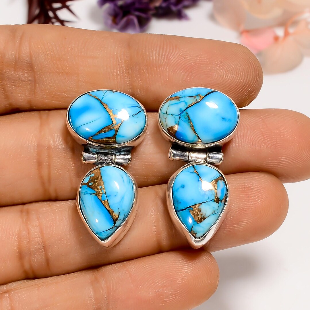 Ice Blue Turquoise Sterling Silver Stud Earrings, Anniversary Gift ...