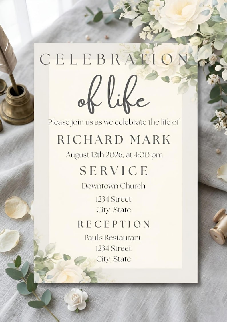 Floral Celebration of Life Invitation Template, Memorial Service Invite ...