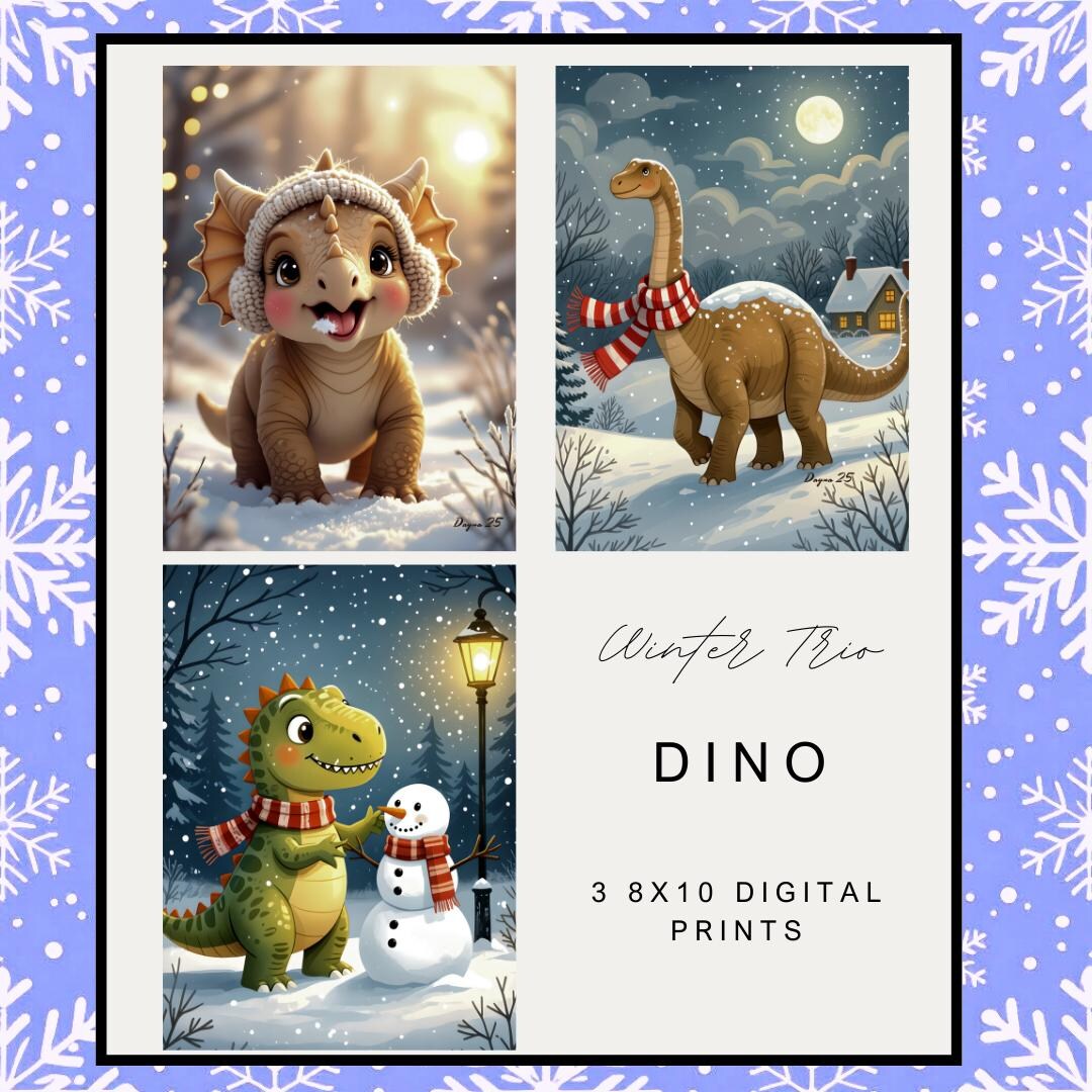 Winter Dinosaur Prints Set, Funny Dino Nursery Art (digital Download ...